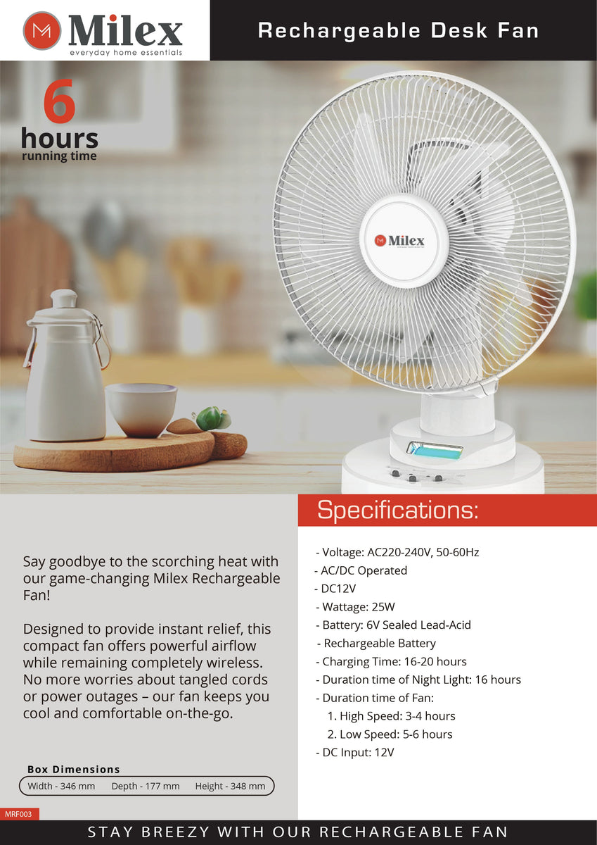 Milex Rechargeable Desk Fan 12" | Milex South Africa